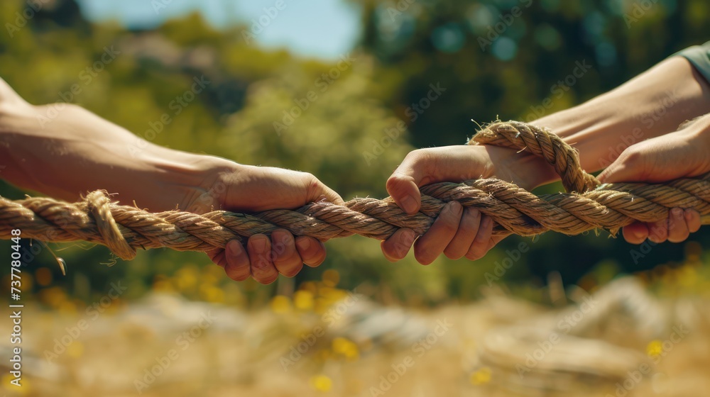 tug of war battle, hands come together on the rope, epitomizing the ...