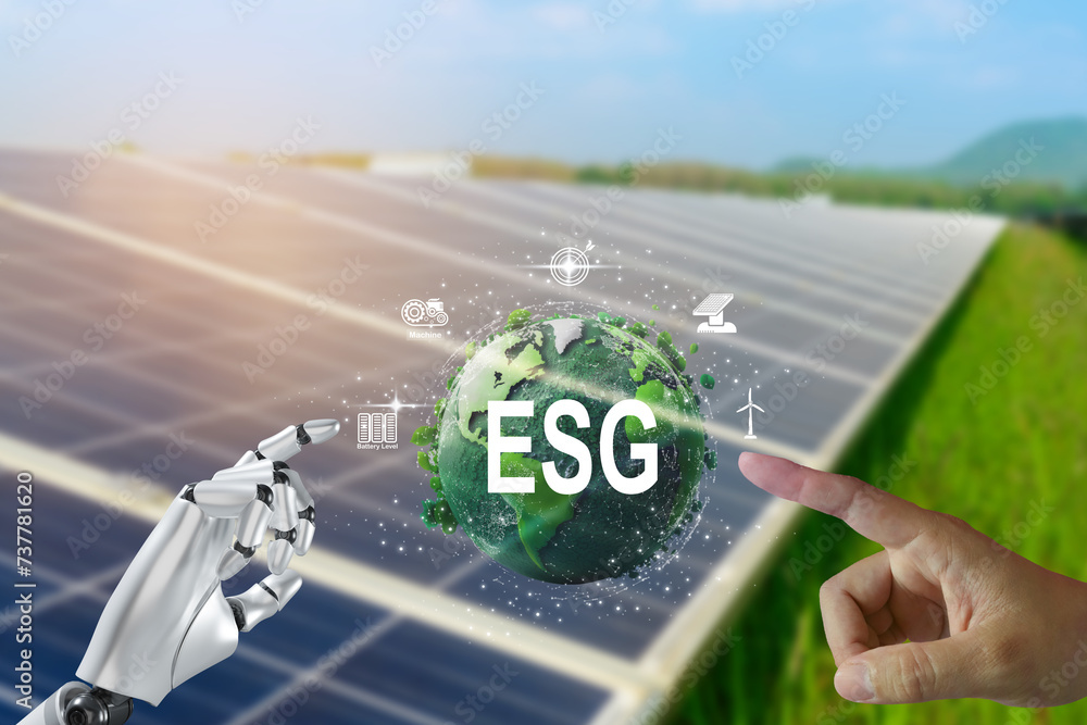 ESG icon concept in robot hand and human hand touch the green globe For ...