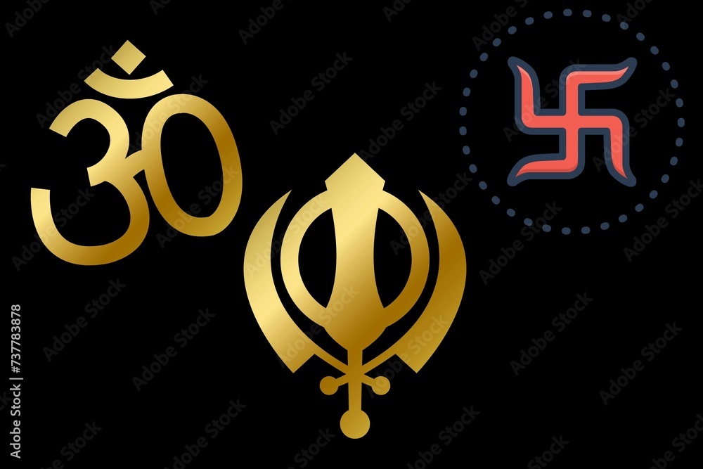 Religions Banner. Gold icons of 12 world religions on red Buddhism ...