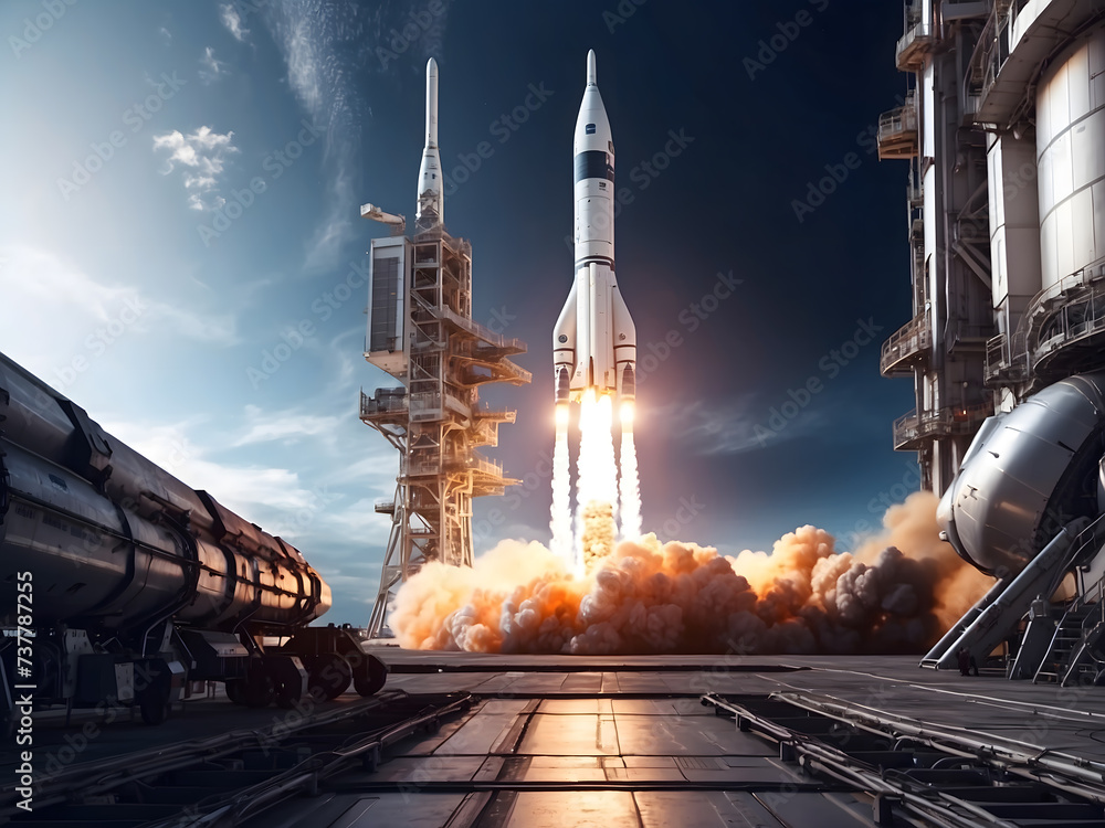 Spacecraft rockets blasting off from the launch pad at the space ...