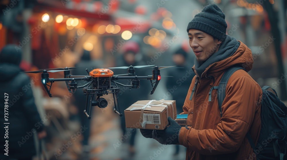 integration of drones into everyday life with a photo of people eagerly ...