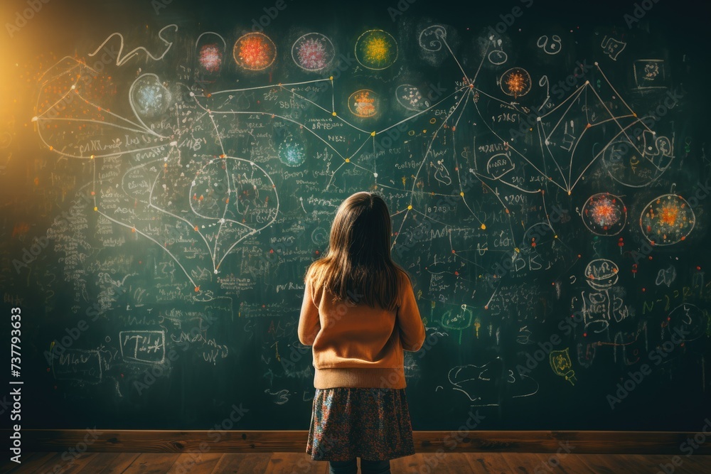 Child using imagination in front of blackboard, rear view of child ...