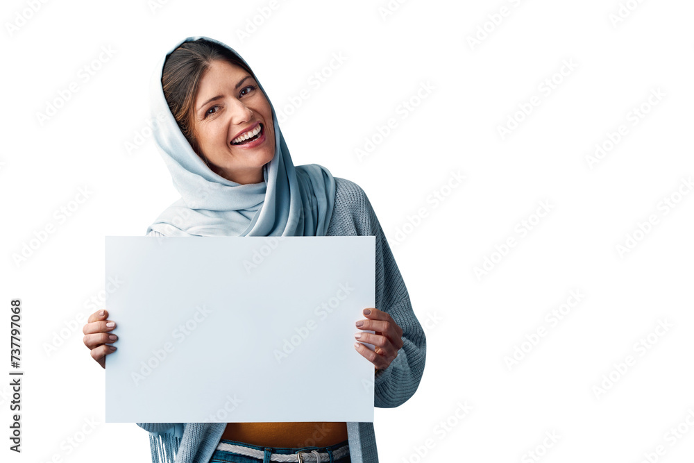 Muslim, woman and smile in hijab with poster mockup for advertising and ...