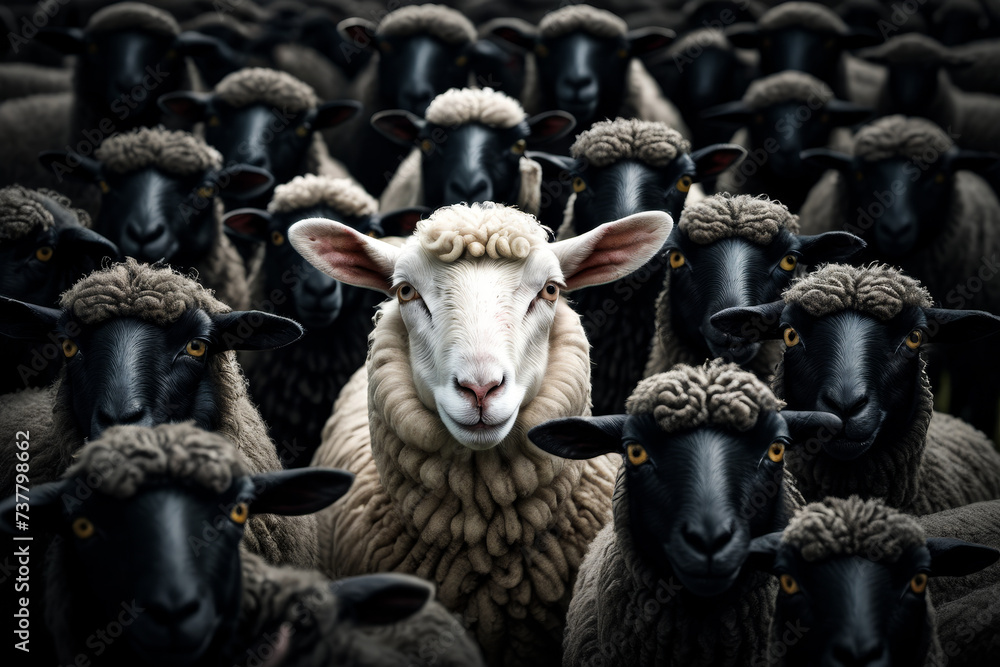 Flock of sheep are standing close together and one sheep is looking ...