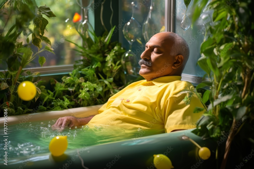 South Asian man soaking in a luxurious bubble bath, his eyes closed in ...