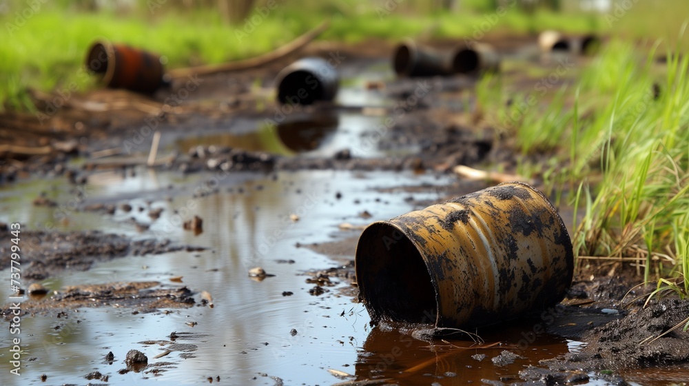 Environmental pollution concept showing rusty oil barrels discarded in ...