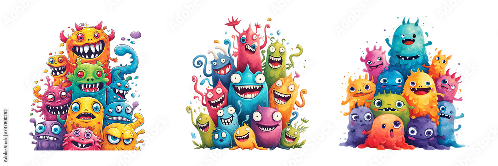 funny colorful Cartoon monster faces. scary Cartoon doodle monsters set ...