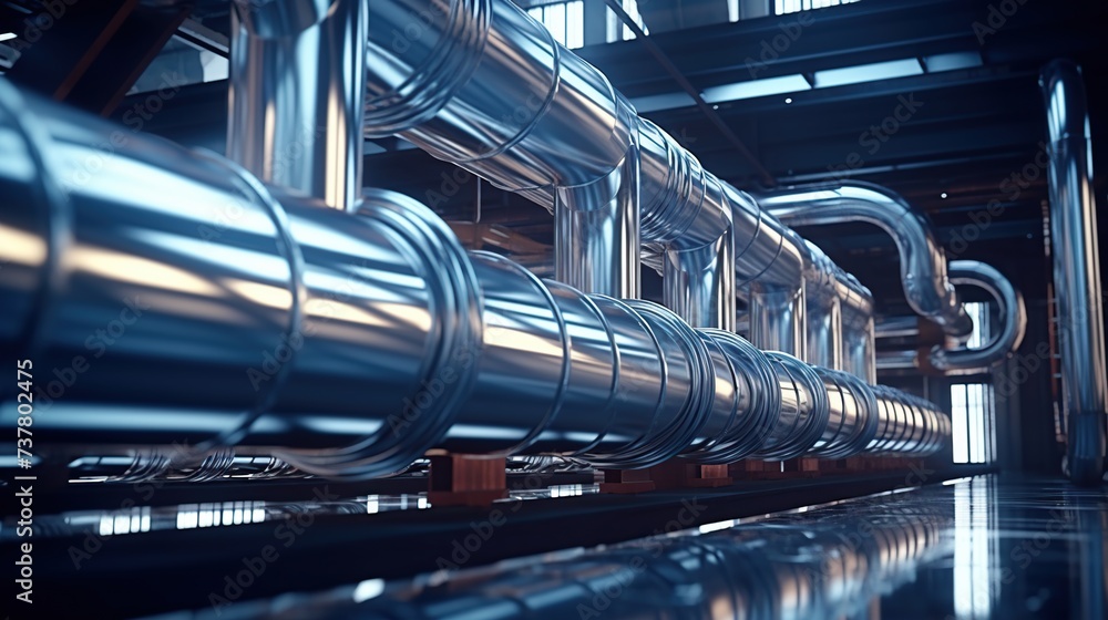 Stainless steel pipeline for industrial plant. Valves and pumps in oil ...