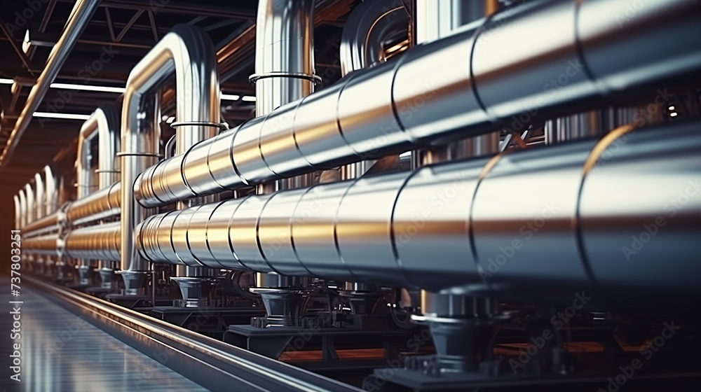 Stainless steel pipeline for industrial plant. Valves and pumps in oil ...