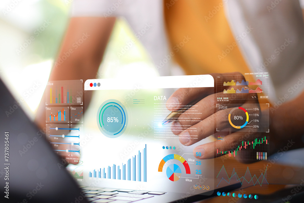 Data analyst working on business analytics dashboard with charts, with ...