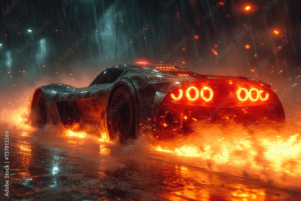 A sleek sports car blazes in the rain-soaked night, its fiery demise an ...