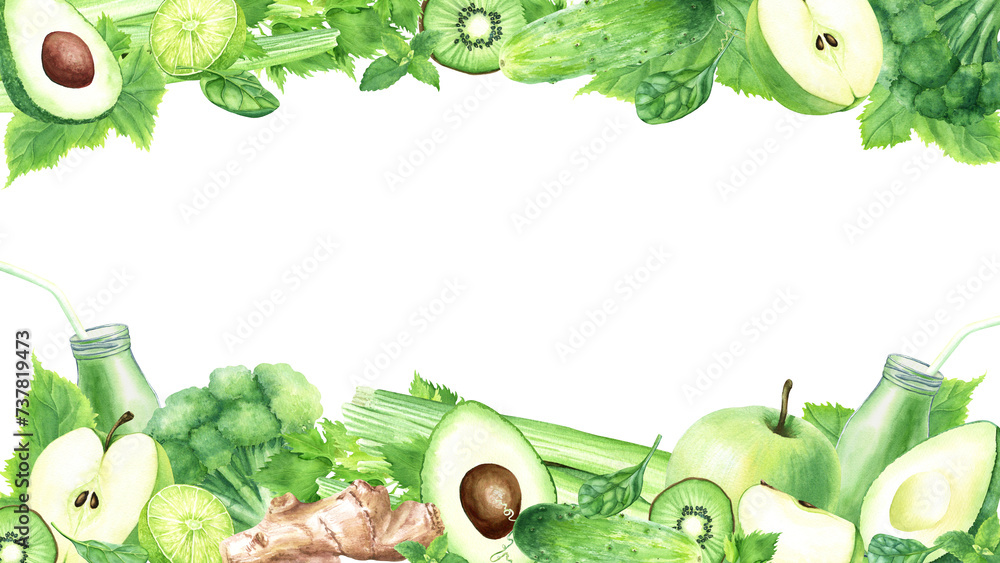 Horizontal banner border frame with fruits, vegetables and green ...