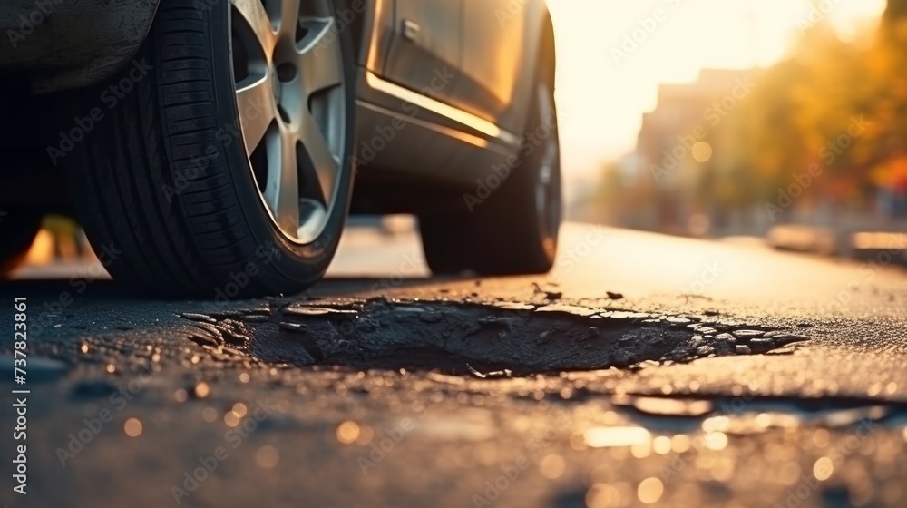 car wheels running and closed up Very bad quality street with potholes ...