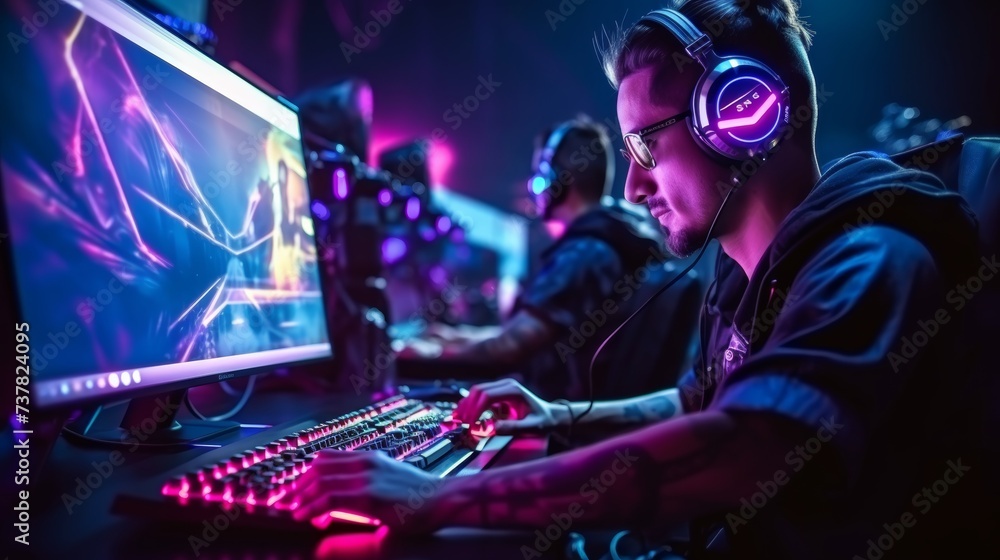 pro gamer man in headphones live streaming while playing online ...