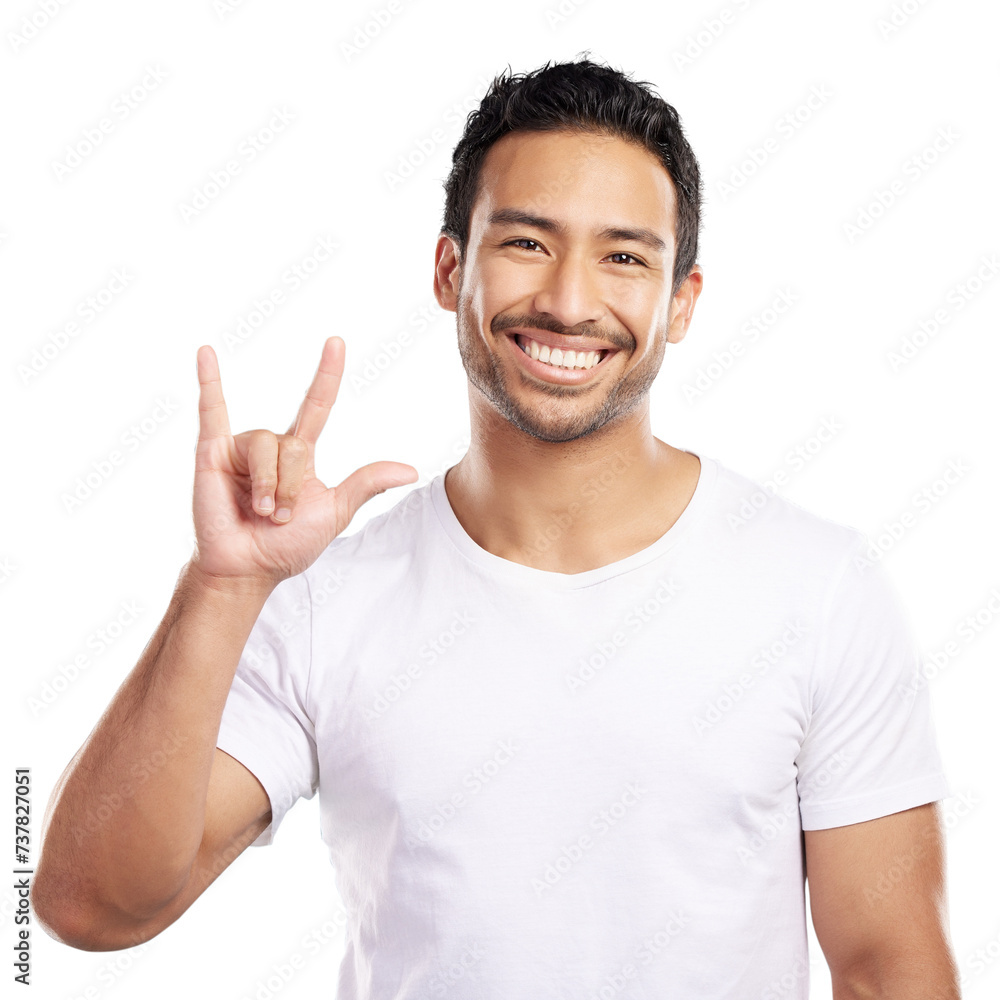 Man, portrait and punk with rock hand sign, emoji or sign language for ...