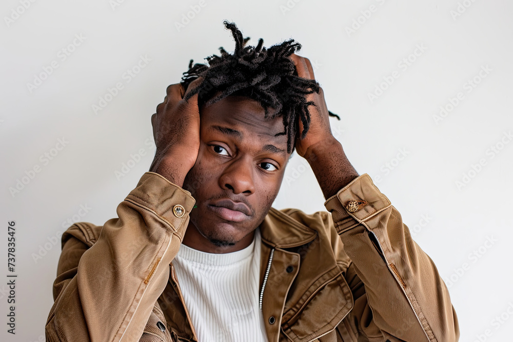 Stress, person stressful face, upset scared looking anxious with ...