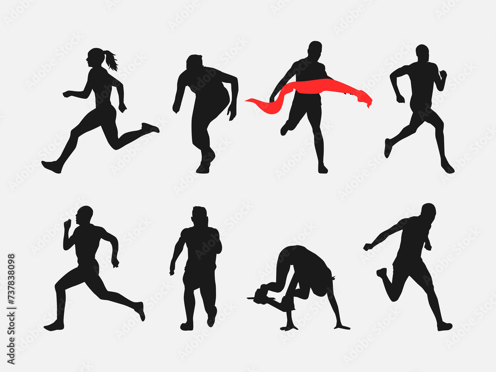 set of silhouettes of sprinter runner with different poses, gestures ...