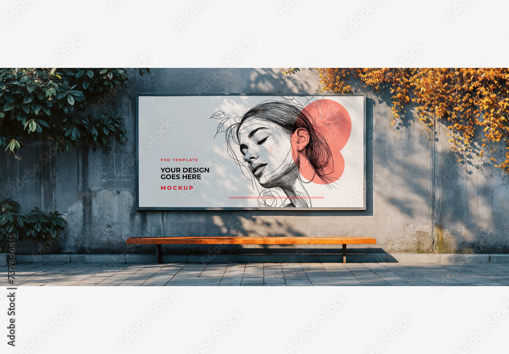 Outside Street Poster Mockup: Bench in Front Of Large White Screen ...