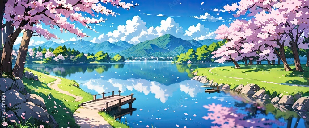 Beautiful lake with cherry blossoms in full bloom. Anime art style ...