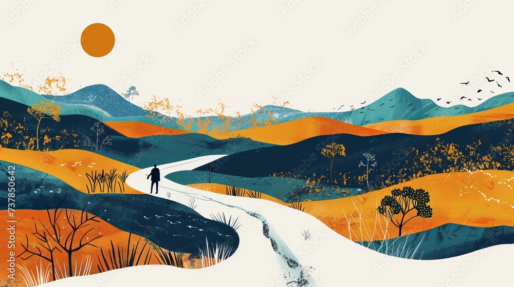 A landscape with silhouettes of different paths merging into one ...