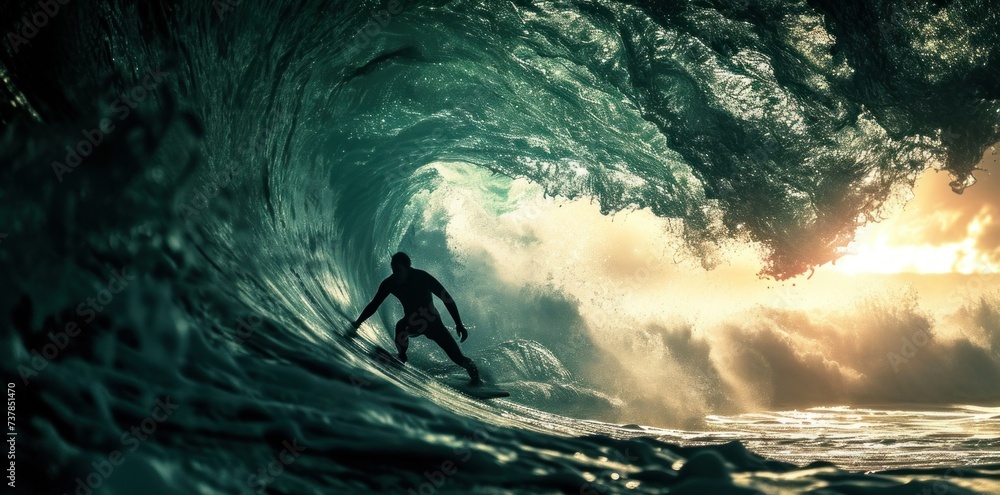 Surfer Surfing Inside Blue Surfer tube rides inside hollow crashing ...