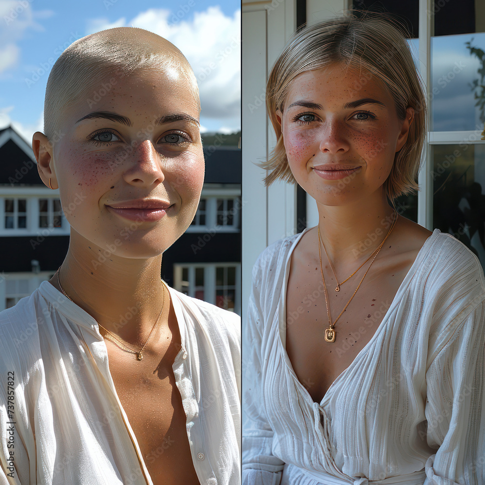 Before and after of a woman from going bald to changing her hairstyle ...