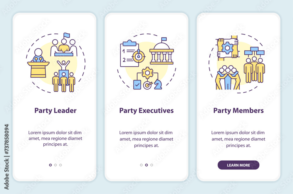 Political party structure onboarding mobile app screen. Walkthrough 3 ...