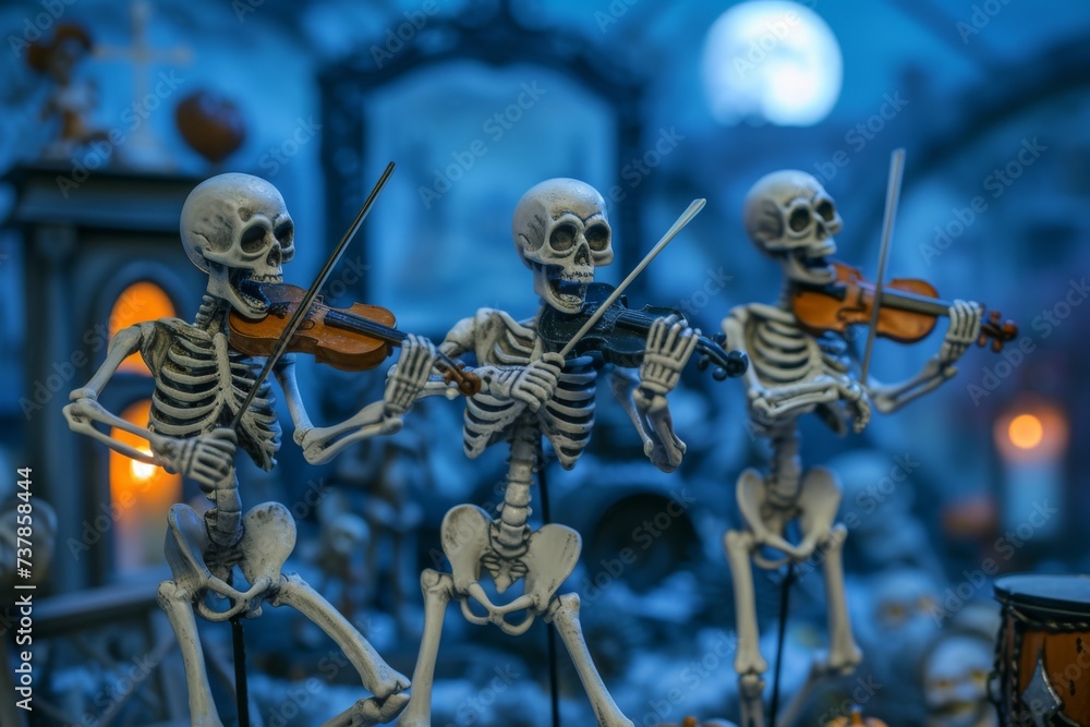 Depict a band of animated skeletons playing instruments made of bones ...