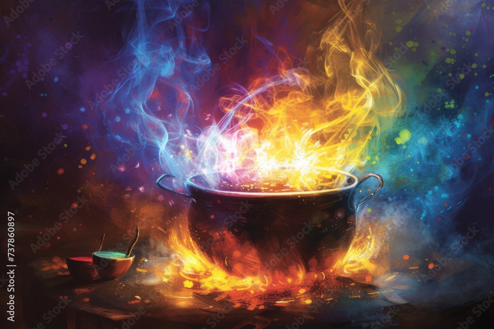 Paint a bubbling cauldron over a roaring fire, filled with colorful ...
