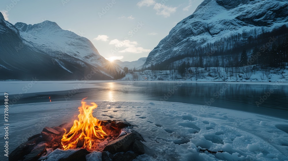 Mountain landscape in winter with fire burning on frozen lake ice at ...