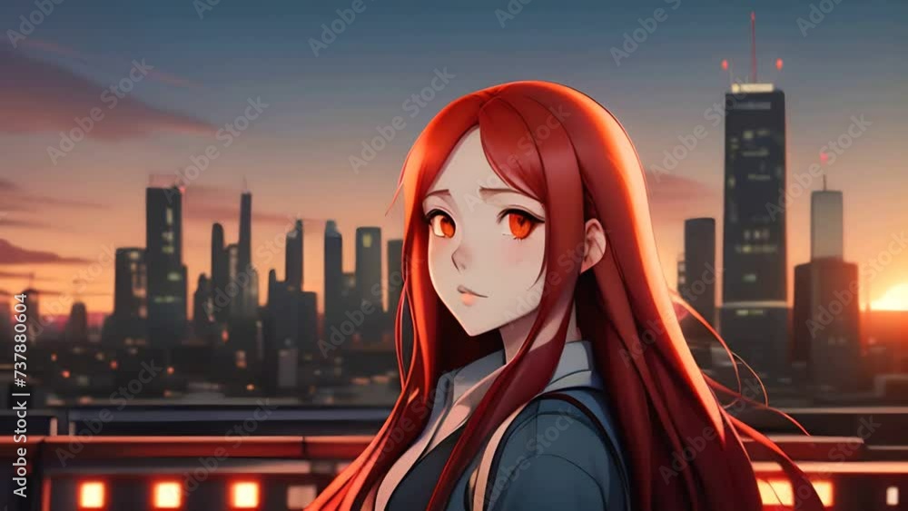 Anime-style redheaded girl winking at sunset cityscape. Concept of ...