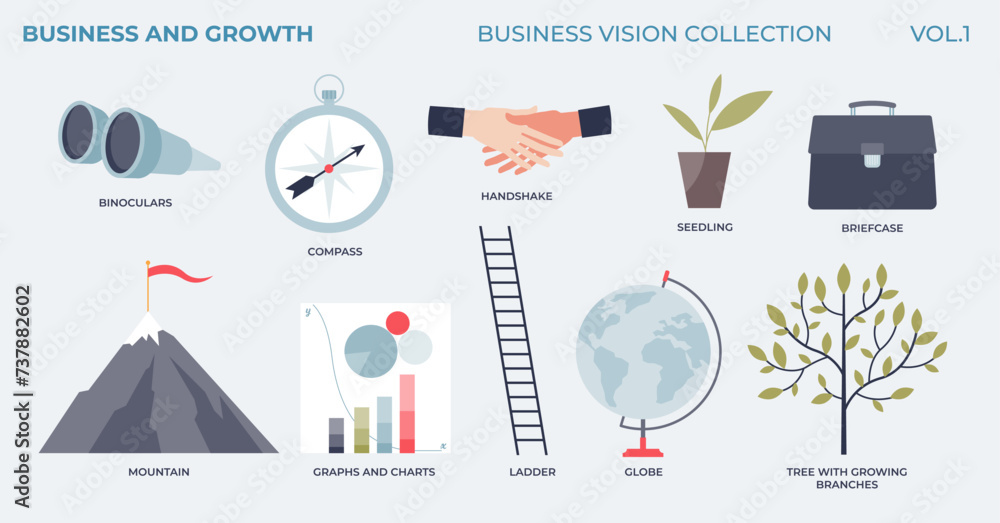 Business growth, development and vision elements in labeled tiny ...