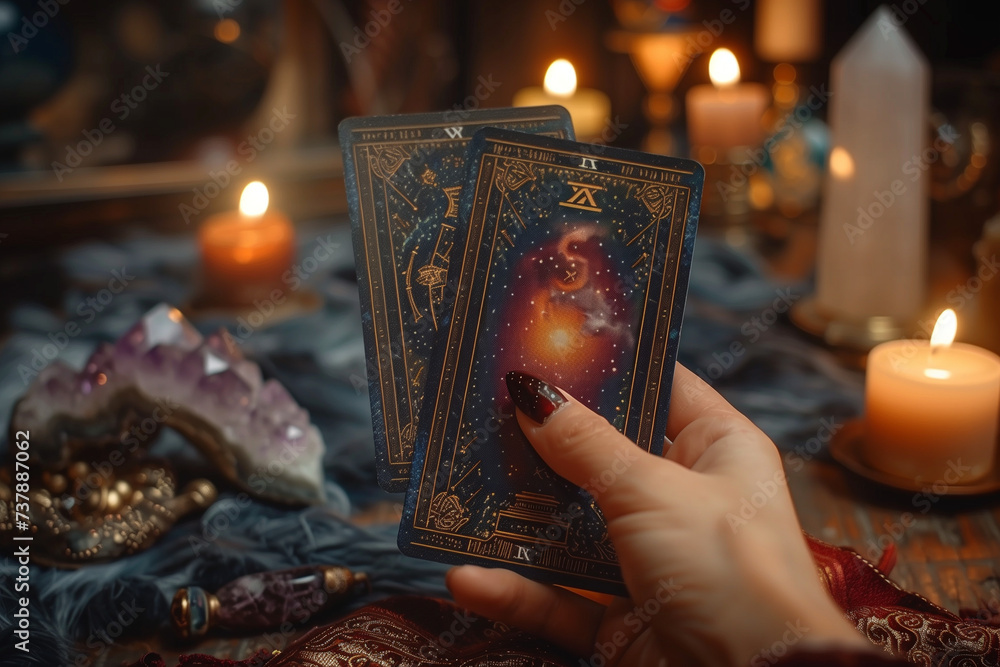Hands holding beautiful tarot and oracle cards on dark background with ...