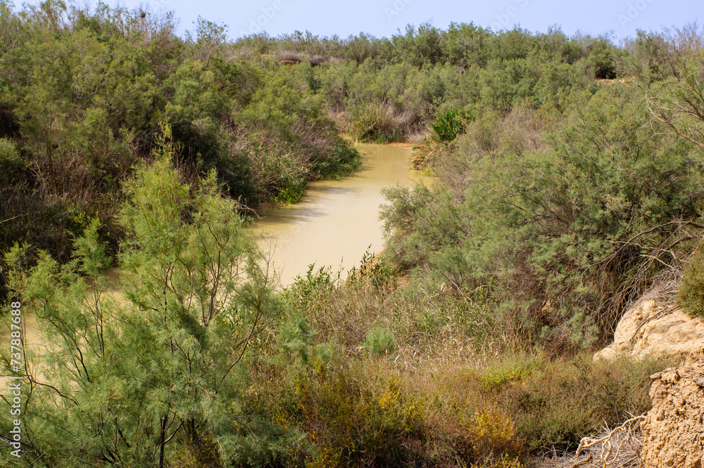 Jordan. Bed of Jordan River to place of baptism. Bethavara is name of ...
