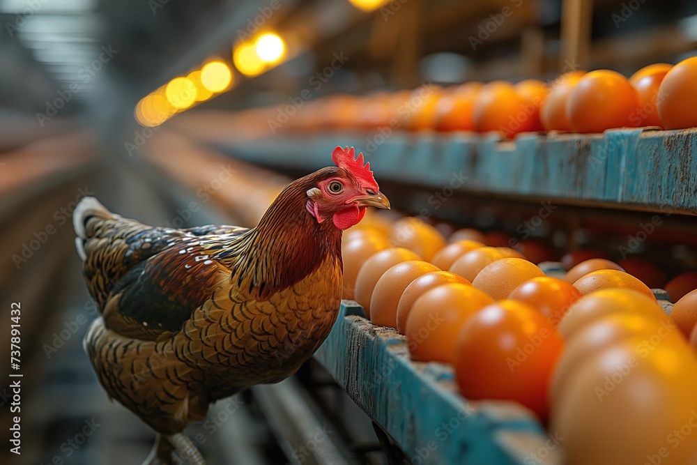 A detailed view of a chicken moving along a conveyor belt in an egg ...