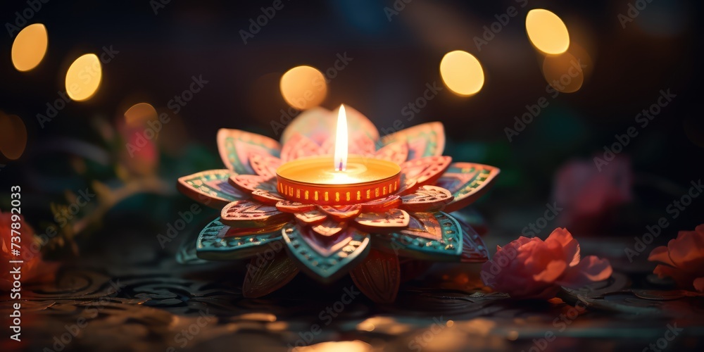 Magical Diya lamp with lights on night background, Indian festival ...