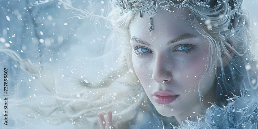 Dreamlike portrait of an enchanting icy snow queen donning a crown ...