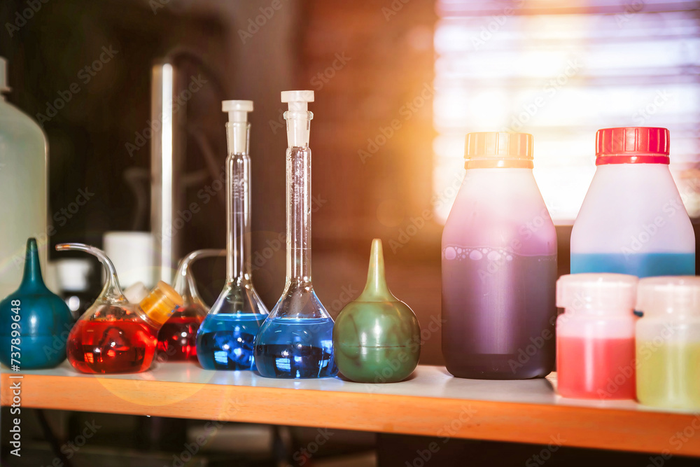 Reagents acid suspensions for experiments, conical flasks and test ...