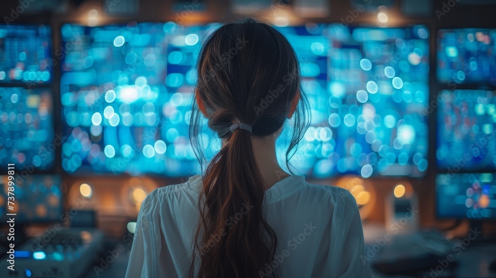 The back view of a young asian woman working as a freelance data ...