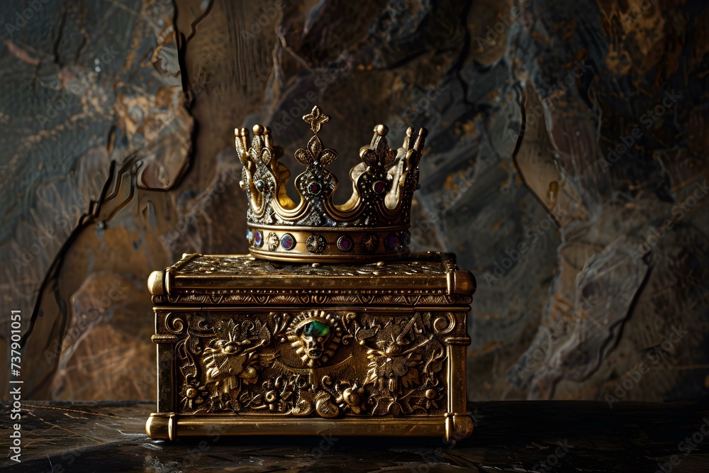 An exquisite treasure box adorned with a regal queen's crown ...