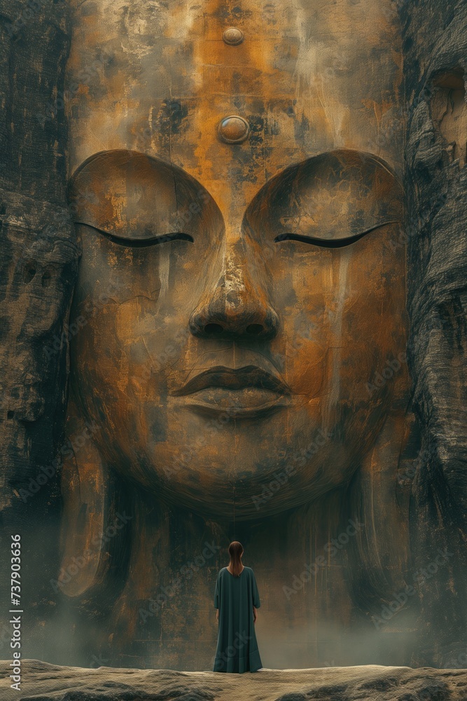 mage of a person practicing yoga in front of a large Buddha mural or ...