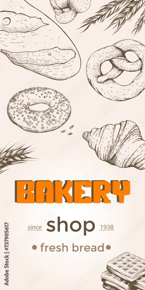 Vintage bakery poster with sketched bread, buns, pretzel, sesame bagel ...