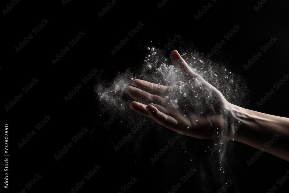 Close-up photograph of a male hand covered in talcum powder against a ...