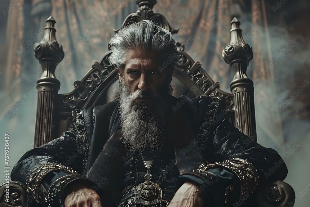 Regal fantasy king with a majestic grey beard seated on a grand iron ...