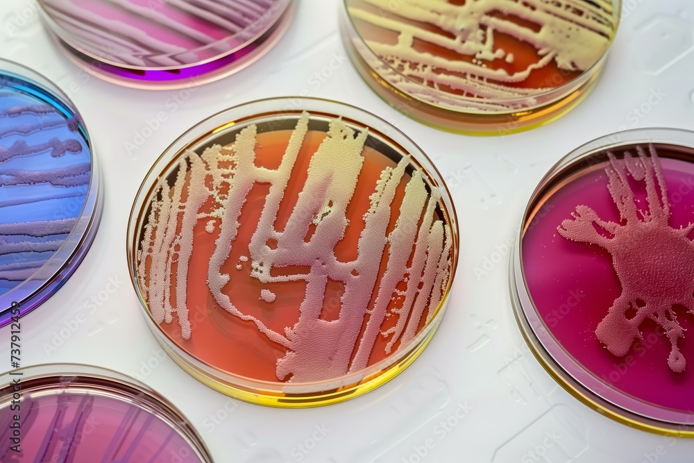 Assorted Bacterial Culture Growth on Agar Plates in a Lab Setting Stock ...