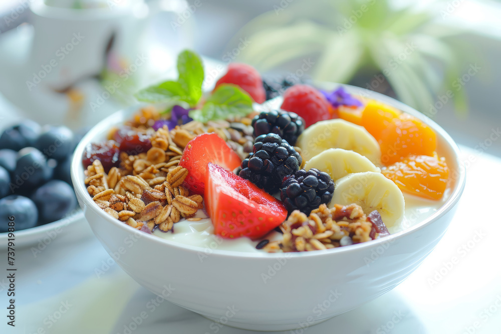 Colazione nutriente e colorata, con yogurt greco, frutta fresca e ...