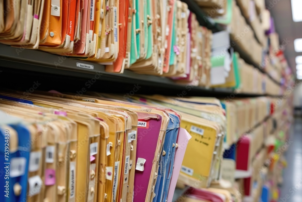 A close-up of old folders with brightly colored files that are ...