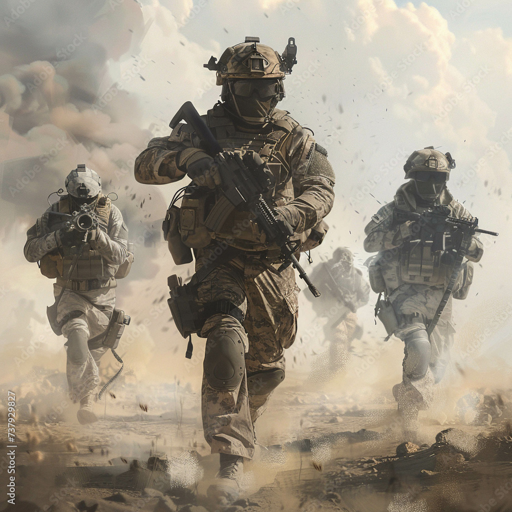 Create a depiction of a military force on high alert emphasizing the ...