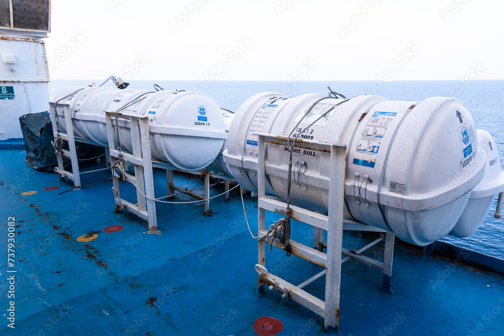 Mindoro, Philippines - April 16, 2023: Life-saving lifeboats secured on ...
