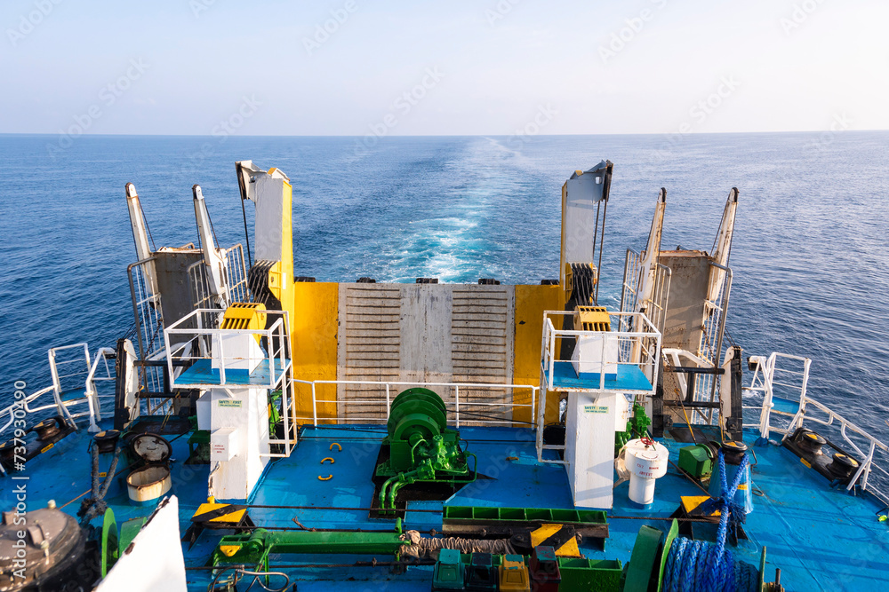 Mindoro, Philippines - Wide-angle view of the stern of a 2GO roro ferry ...